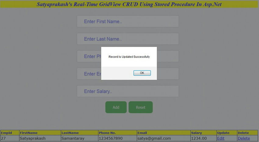 CRUD Operation Using Stored Procedure In ASP.NET GridView Real Time